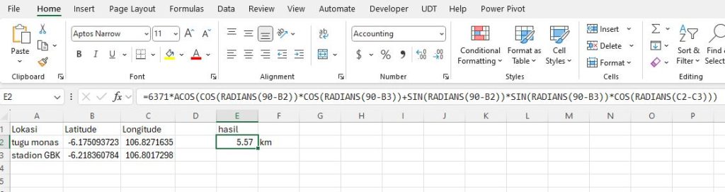 Rumus Excel untuk menghitung jarak antara dua lokasi berdasarkan garis ...